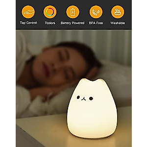 LED Cat Night Light, Battery Powered Night Light for Kids, Silicone Multicolor Cute Cat Lamp with Warm White and 7-Color Breathing Mode, Gifts for Kids, Baby, Children (Celebrity Cat)