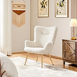 Yaheetech Accent Chair, Modern Boucle Vanity Chair with High Back and Wood-Tone Metal Legs, Sherpa Chair for Living Room, Home Office, Ivory