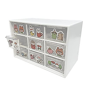 HMIEPRS Mini Plastic Storage Organizer and Cute Stickers, Mini Drawer Organizer with 9 Craft Cases, Desktop Organizer Clear Acrylic Storage Box for Handmade Accessories or Sundries (White)