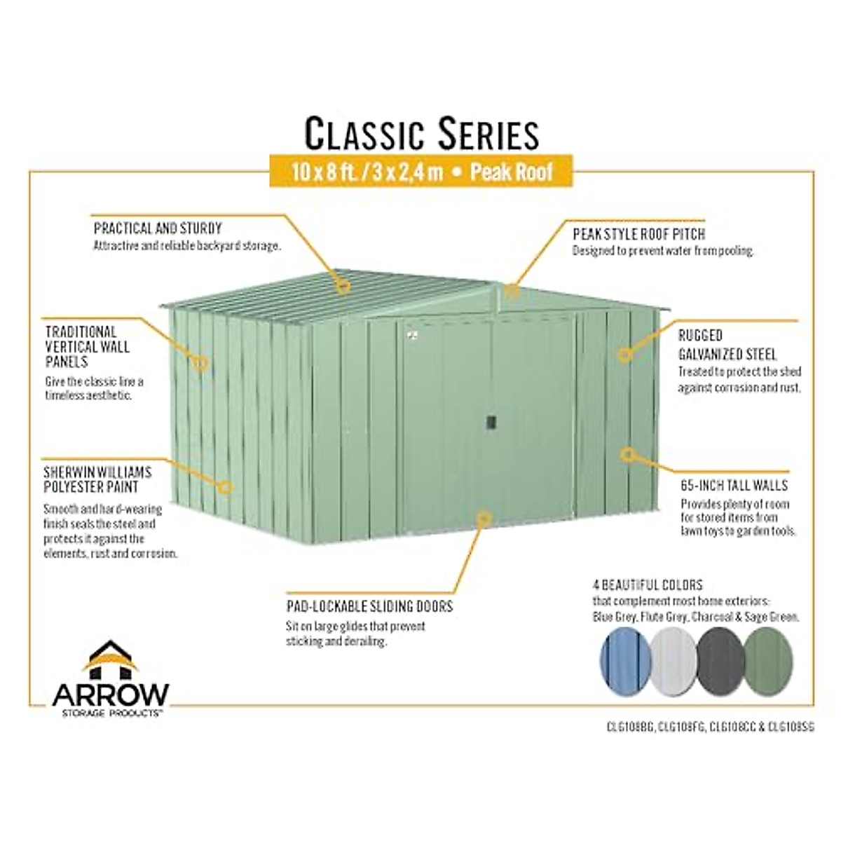 Arrow Classic Steel Storage Shed, 10x8, Charcoal