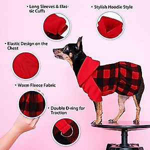 SAWMONG Fleece Dog Hoodie Dresses, Classic Plaid Hooded Puppy Dog Winter Clothes with D-Ring, Thermal Skirt Girl Doggie Vest Sweater Outfits Coat Cat Sweatshirt Apparel, Red and Black, XX-Small
