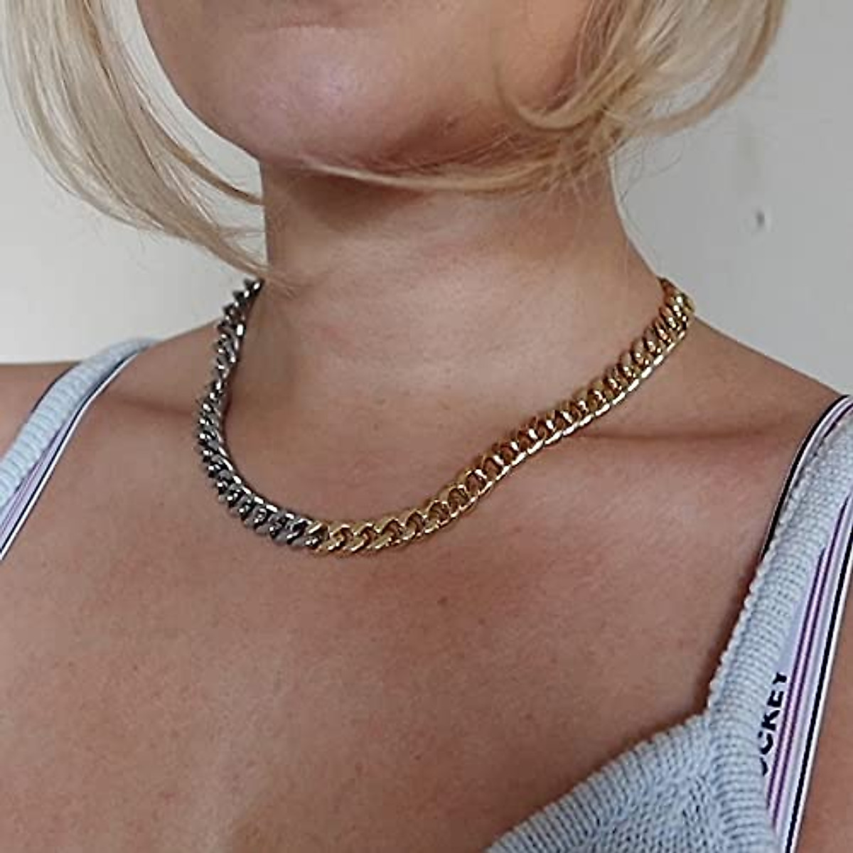 WOWORAMA Two Tone Gold Silver Cuban Link Necklace for Women Men 5mm Thick Chunky Curb Chain Choker Necklace, 18"