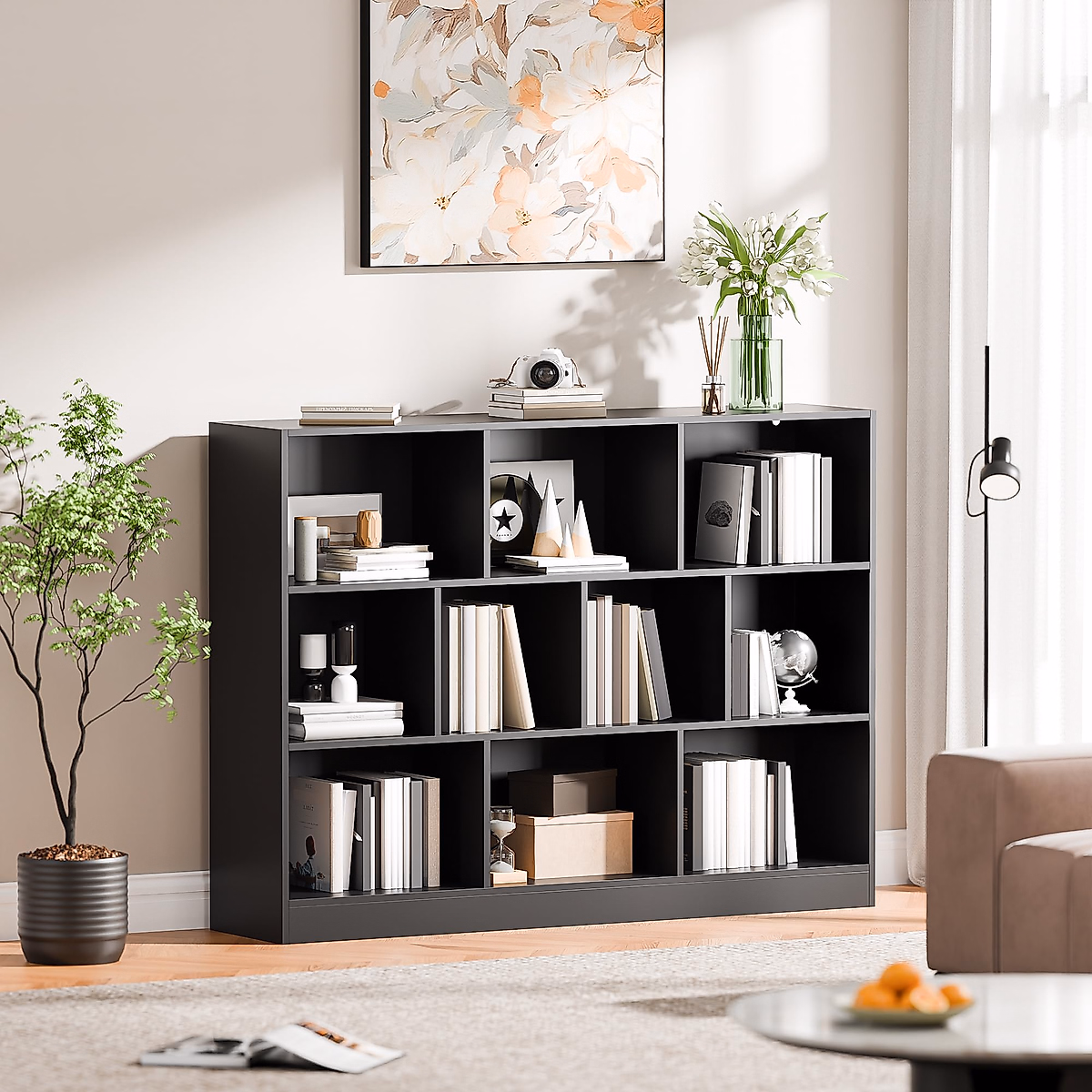 Cozy Castle Black Bookshelf, 3-Tier Open Shelf Bookcase, 10 Cube Storage Organizer with Anti-Tilt Device, Freestanding Horizontal Bookshelf Cube Shelf for Bedroom, Living Room, Office