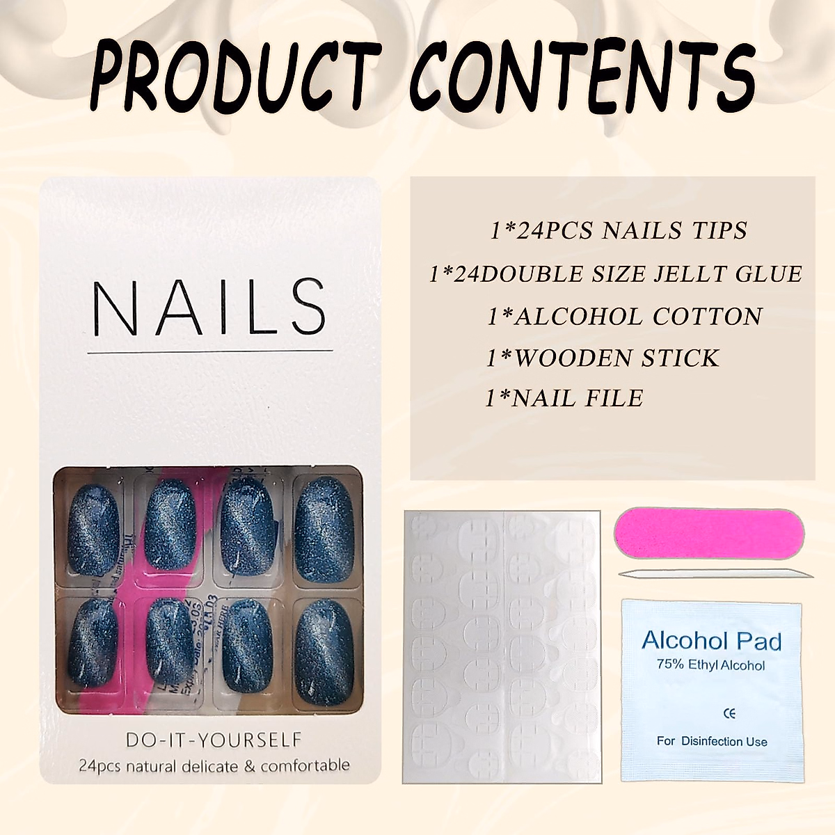 Short Press on Nails Medium Almond Cat Eye Fake Nails False Nails with Glitter Sparkly Designs Blue Full Cover Acrylic Nails Light Luxury and Glossy Artificial Nails for Women 24Pcs