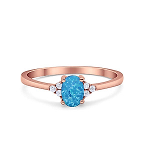 Rose Tone, Lab Created Blue Opal CZ Size-11 Oval Cut Wedding Engagement Ring Round Simulated Cubic Zirconia 925 Sterling Silver