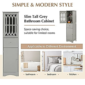Merax Freestanding Linen Tower Bathroom Storage Cabinet with Adjustable Shelf, Drawer and 2 Doors, Tall Slim, 16.5" L x 14.2''W x 63.8''H, Grey