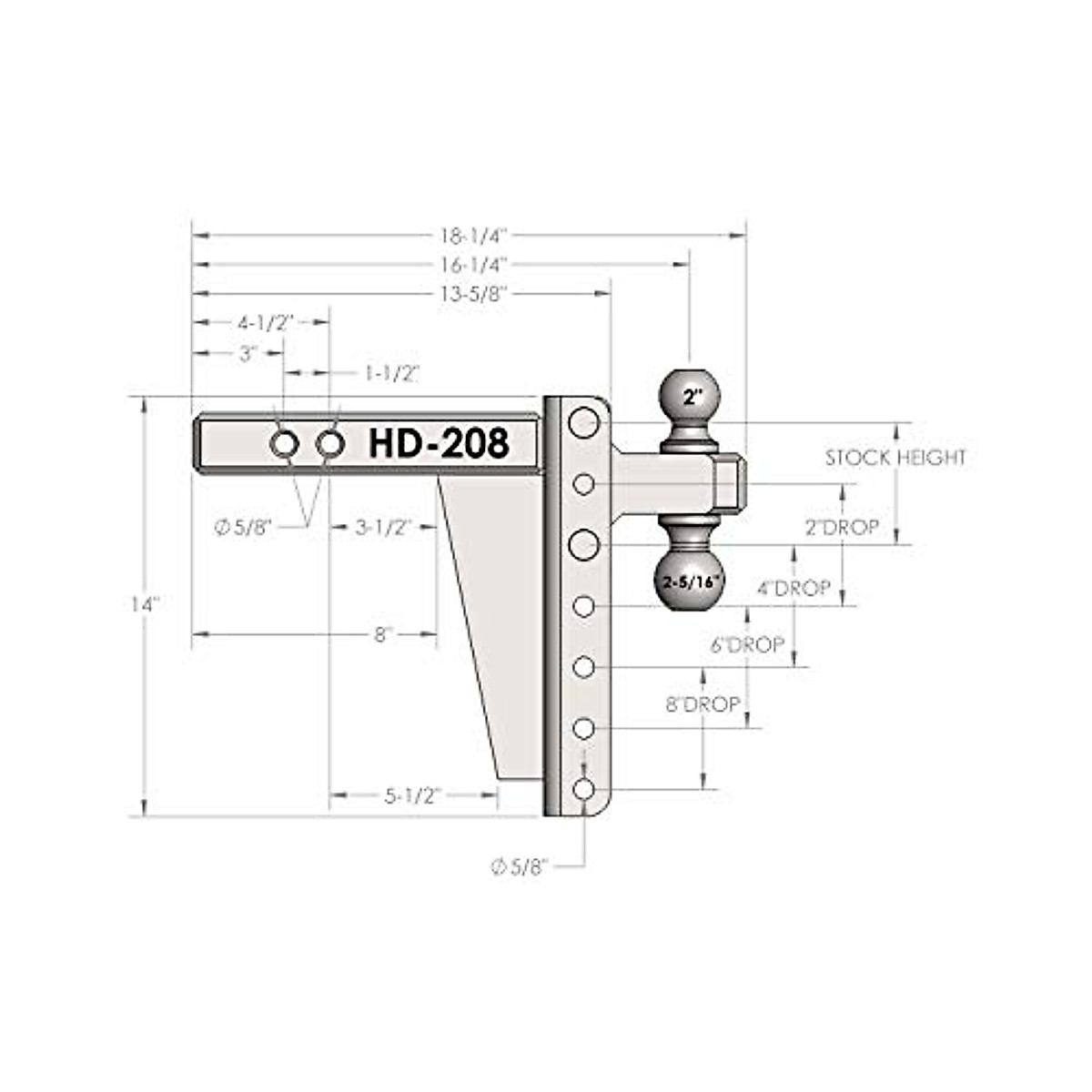 Bulletproof Hitches 2.0" Adjustable Heavy Duty (22,000lb Rating) 8" Drop/Rise Trailer Hitch with 2" and 2 5/16" Dual Ball (Black Textured Powder Coat, Solid Steel)