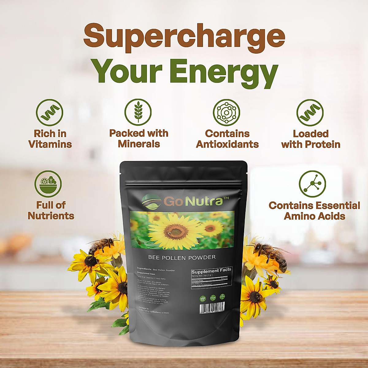 Go Nutra - Bee Pollen Powder, Pure Bee Pollen Powder, Bee Pollen Supplement for Humans, Dogs, Bearded Dragon, and More, Non-GMO, Gluten-Free, Vegan, 8 oz