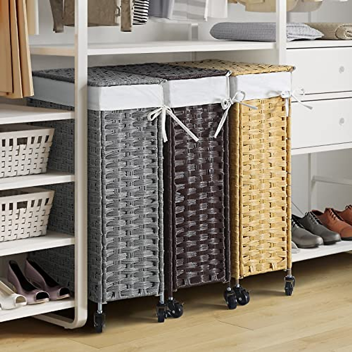 Chrislley 53L Slim Handwoven Rattan Laundry Hamper with Lid Rolling Laundry Basket with Removable Liner Bags Foldable Hampers with Wheels（Grey）