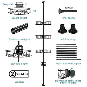 DAKEPOLE Tension Shower Caddy Stainless Steel, Rustproof Tension Pole Corner Shower Caddy Stand Storage Organizer for Bathroom Bathtub Shampoo Soap Plants, 4 Tier Adjustable Shelves, 54 to 125 Inch