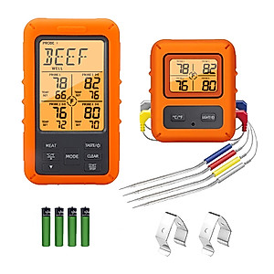 Wireless Meat Thermometer with 4 Meat Probes Remote Cooking Food Thermometer with Alarm Calibration & Timer 500FT Digital Cordless Thermometer for Kitchen Outdoor BBQ Smoker Oven Grill Fryer Beef