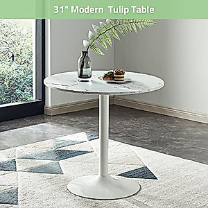Nopurs Round Dining Table, 31.5" Small Kitchen Table, Sofa Table with Faux Marble Desk and Metal Pedestal Base, Coffee and Bistro Table for Living Room, Kitchen, Bedroom, Meeting Room, and Balcony