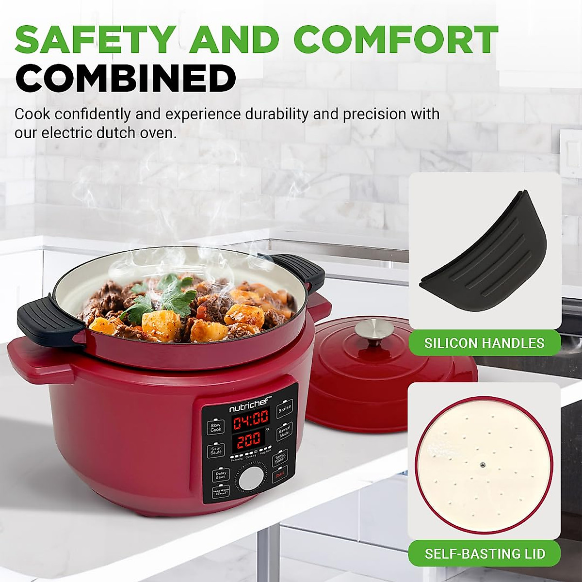 6 Quart Electric Dutch Oven | 1500W 5-in-1 Enamel Coated Cast Iron Pot with Stainless Steel Lid | Precise Temperature Control | Includes 2 Silicone Pot Holders & Heat Resistant Pad | Red