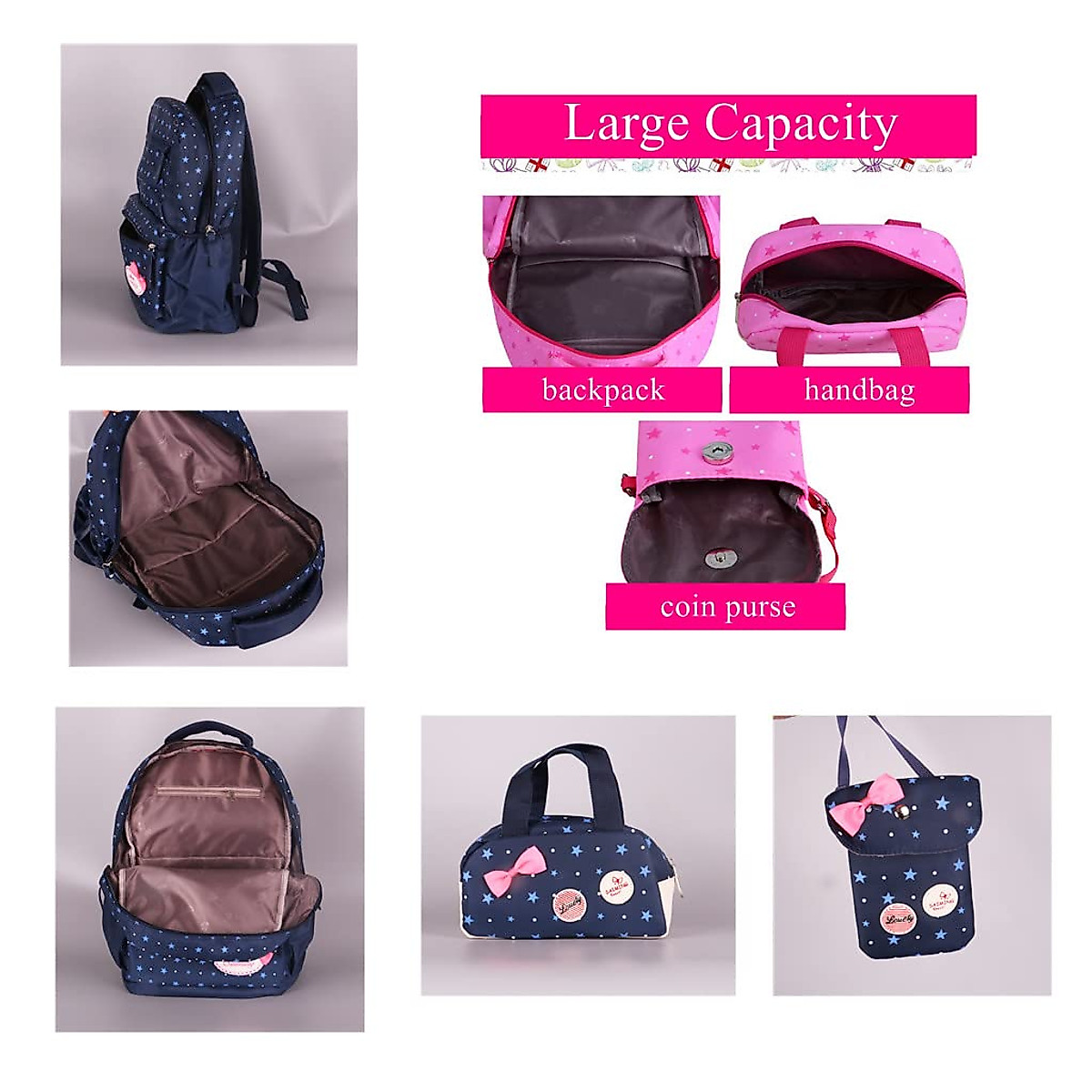 Stars-Print and Bowknot Backpack Set Large Elementary Bookbag 3Pcs Set School bags for Teen Girls