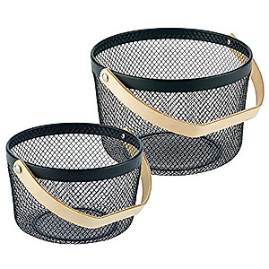 mDesign Farmhouse Metal Storage Organizer Basket Bin with Wood Handles - for Bathroom, Office, Entryway, Closet, Cabinet, Bedroom, Laundry Room, Nursery, Kids Toy Room, Set of 2 - Black