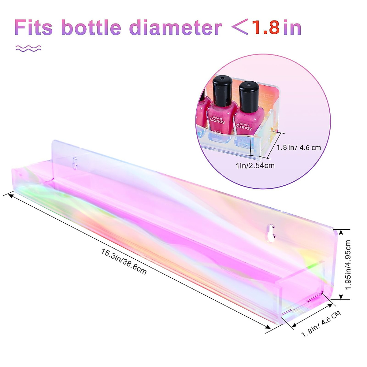 FFowcye 6 Packs Iridescent Nail Polish Wall Mounted Organizer, 15" Rainbow Floating Shelves, Acrylic Nail Polish Wall Rack for Paint, Tattoo Ink, Essential Oils, Makeup Storage Display Stand