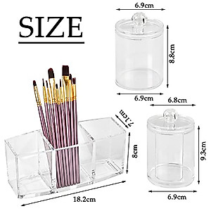 TIMESETL 5 Pack Qtip Holder Dispenser for Cotton Ball, Cotton Swab, Cotton Round Pads, Floss, 10 oz Clear Plastic Apothecary Jar Set for Bathroom Canister Storage Organization, Vanity Makeup Organizer