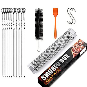 Pellet Smoker Tube-Hylfenis 12" Pellet Tube For Smoking-Hot or Cold Smoking Tube for Electric Gas Charcoal Grilling with 2 Hooks,2 Brushes,10Pack Metal Skewers-Perfect for Smoking Cheese Nuts Steaks Fish Pork Beef