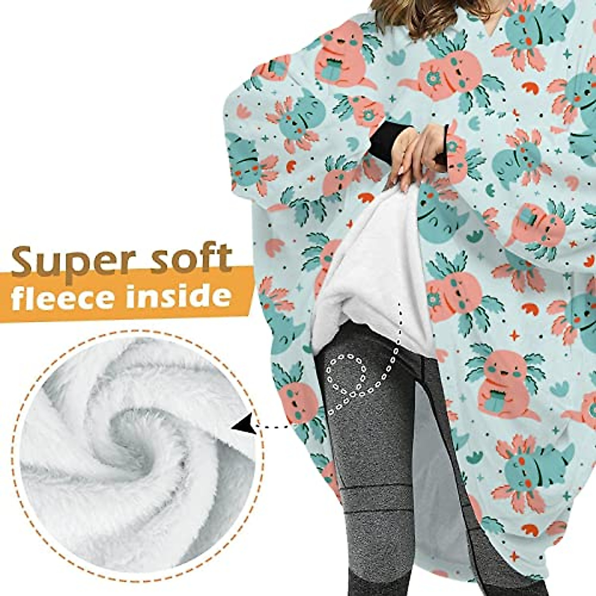 Wearable Blanket Hoodie for Adults, Women Men Size Comfy Hooded Blankets Sweatshirt, Oversized Hoodie Throw Soft Cozy Fleece Blanket Cute Kawaii Axolotl