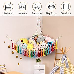 D-FantiX Stuffed Animal Storage Hammock, Boho Macrame Tassels, Corner Toy Holder, Hanging Net Organizer for Nursery & Kids Room
