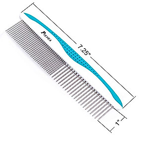 Piepea Pet Comb, Stainless Steel Teeth Comb for Dogs & Cats, Pet Hair Comb for Home Grooming Kit, Removes Knots, Mats and Tangles, 7 1/4"