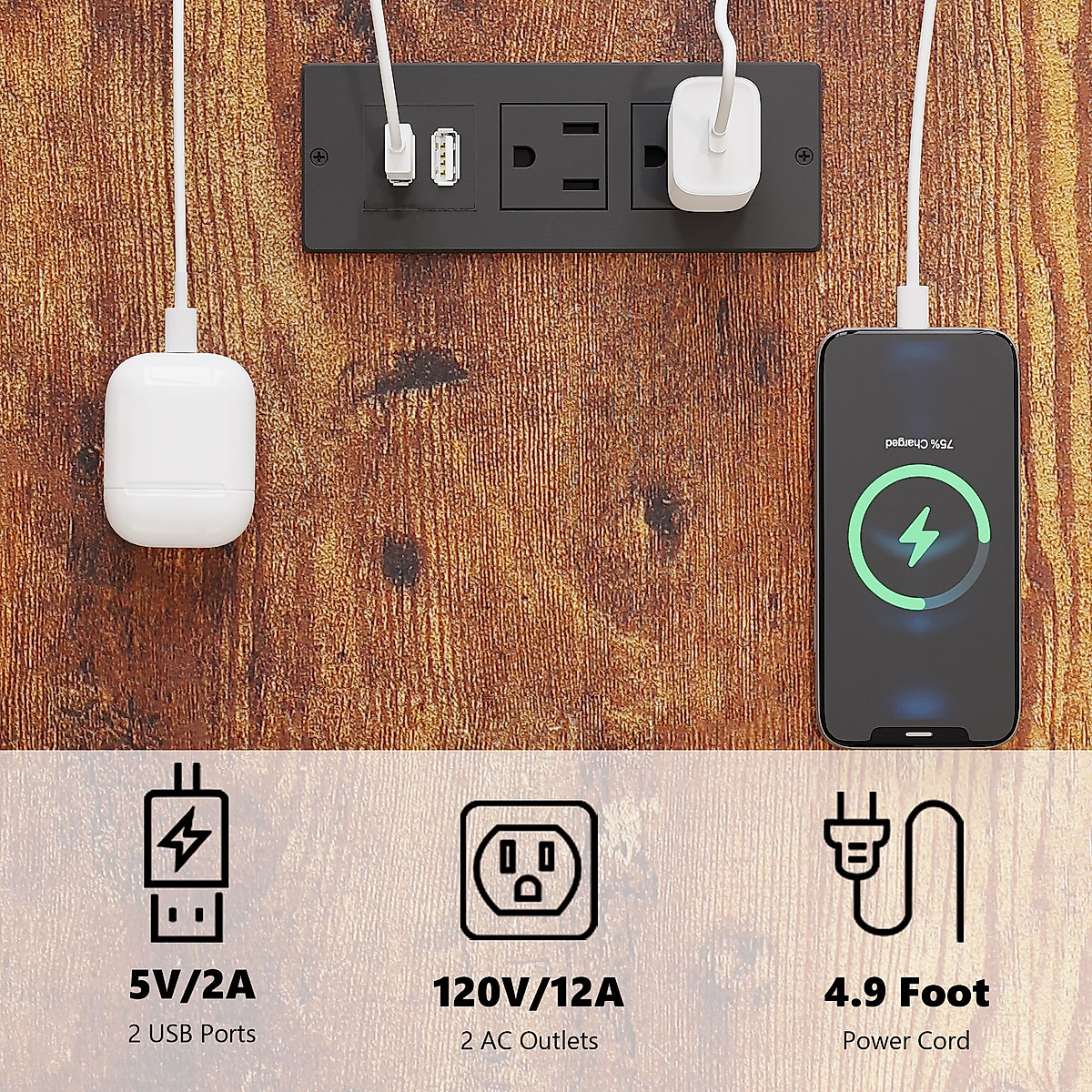 TRIFEBLE Small Side Table with Charging Station, Narrow End Table, Skinny Nightstand with USB Ports and Outlets, 3 Tier Bedside Table for Small Spaces, Living Room, Bedroom, Rustic Brown