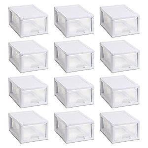 Sterilite Multipurpose Stackable Small Drawer Tote Containers with Reliable White Frame for Home or Office Organization, Clear (12 Pack)