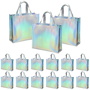 Tondiamo 12 Pcs 12 x 10 x 4 Inch Non Woven Reusable Handled Gift Bags Thickened Hemming Holographic Gift Bags Glossy Welcome Bags for Shopping Birthday Party Wedding, Dazzling Color