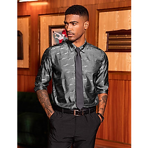 COOFANDY Men's Luxury Dress Shirt Long Sleeve Slim Fit Satin Like Shirt Wedding Party Button Down Shirts Grey