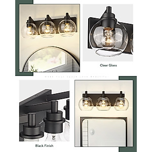 METWET Bathroom Light Fixtures, 3-Light Matte Black Vanity Light, Modern Wall Sconces with Clear Glass Globe Shade, Bathroom Wall Lights for Mirror Kitchen Bedroom Hallway, VL195-MB-3