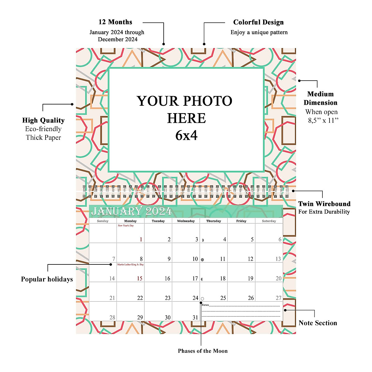 2024 Photo Frame Wall Spiral-bound Calendar (Add Your Own Photos) - 12 Months Desktop/Wall Calendar/Planner - (Edition #011)