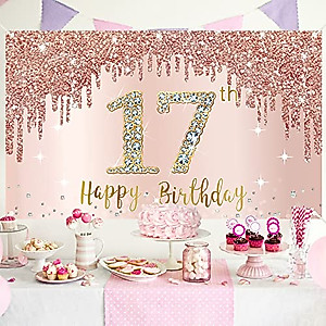 Happy 17th Birthday Banner Backdrop Decorations for Girls, Rose Gold 17 Birthday Party Sign Supplies, Pink Seventeen Birthday Poster Background Photo Booth Props Decor
