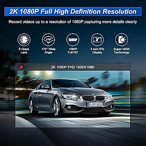 Dash Cam Front and Rear, 2K+720P Dual Dash Camera for Cars with 3'' IPS Screen, Car Camera with Night Vision, Built-in WiFi, Metal Body, G-Sensor, 24H Parking Monitor, Loop Recording, Free 64GB Card