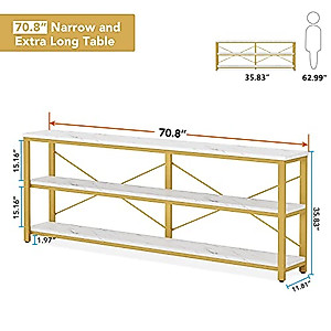 LITTLE TREE 70'' Narrow Long Sofa Console Table with 3-Tier Storage Shelf for Living Room, Faux Marble White & Gold