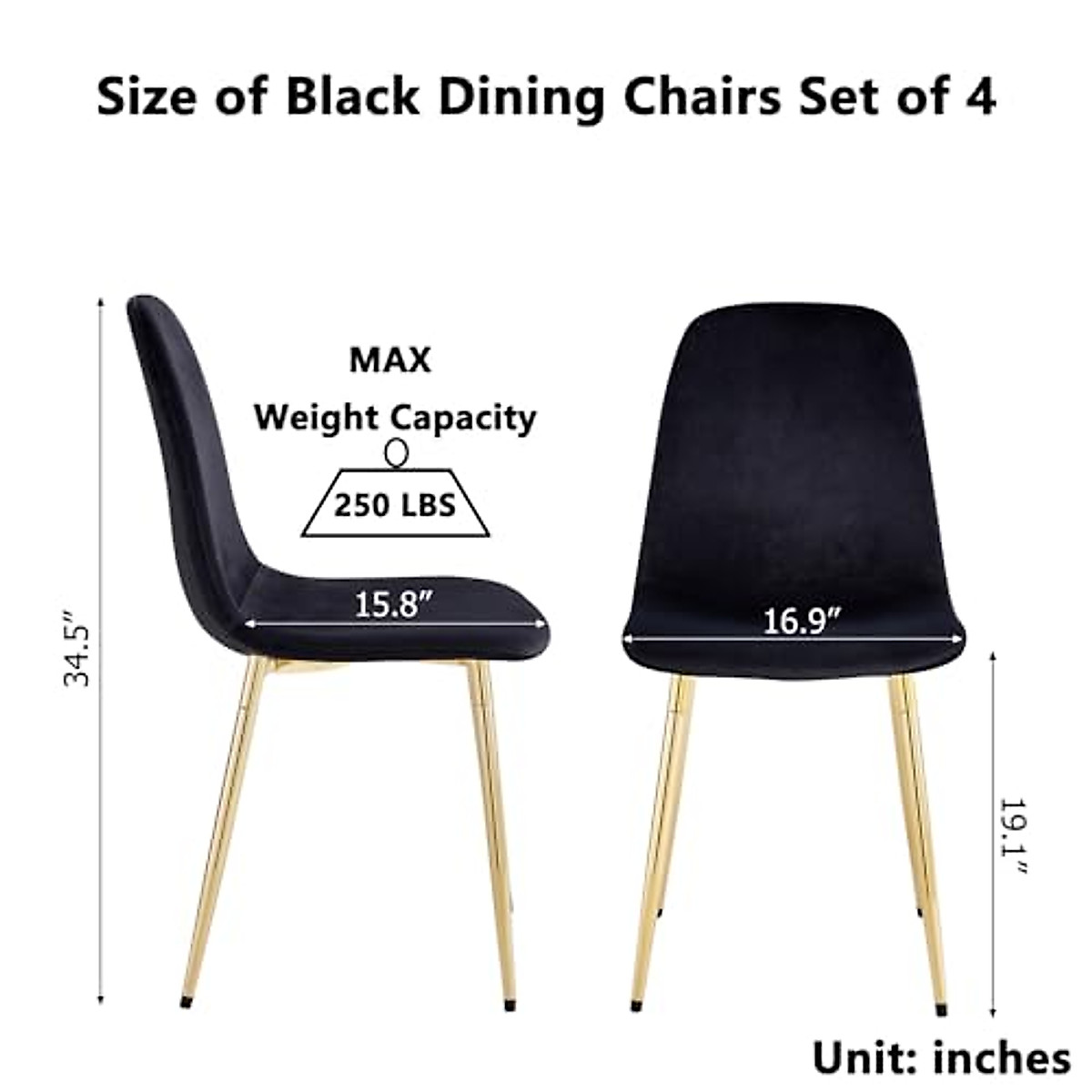Mid Century Modern Dining Chairs Set of 4, Kitchen & Dining Room Chairs with Soft Velvet Fabric Cover Cushion Seat and Golden Metal Legs, Dining Chair for Living Rooms and Farmhouses,Black 1,Set Of 4