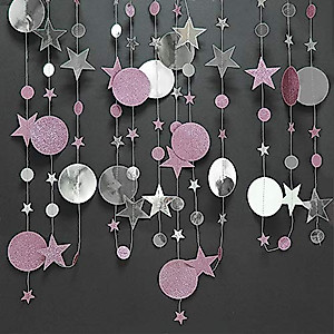 Glitter Pink Silver Circle Dot Garland Twinkle Little Star Decoration Polka Dots Streamer Backdrop Banner Girls Birthday Party Decor/Baby Shower/Wedding/Engagement/Anniversary/Sweet 16/Bridal Shower
