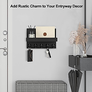 Lwenki Key Holder Wall Mount - 9.8" x 6.7" x 4.2" Entryway Organizer with 5 Metal Hooks Holds Wallet, Sunglasses, Bags, Dog Leash - Real Paulownia Wood Decorative Key Hanger with Shelf (Black)