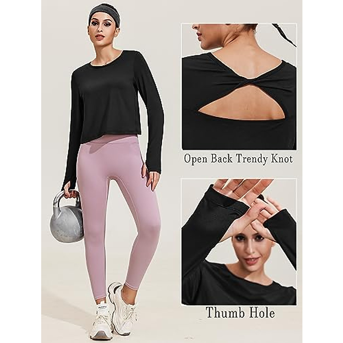 Pinspark Gym Shirts for Women Long Sleeve Workout Shirt Open Back Yoga Crop Top Solid Athletic Top Activewear,Black Small