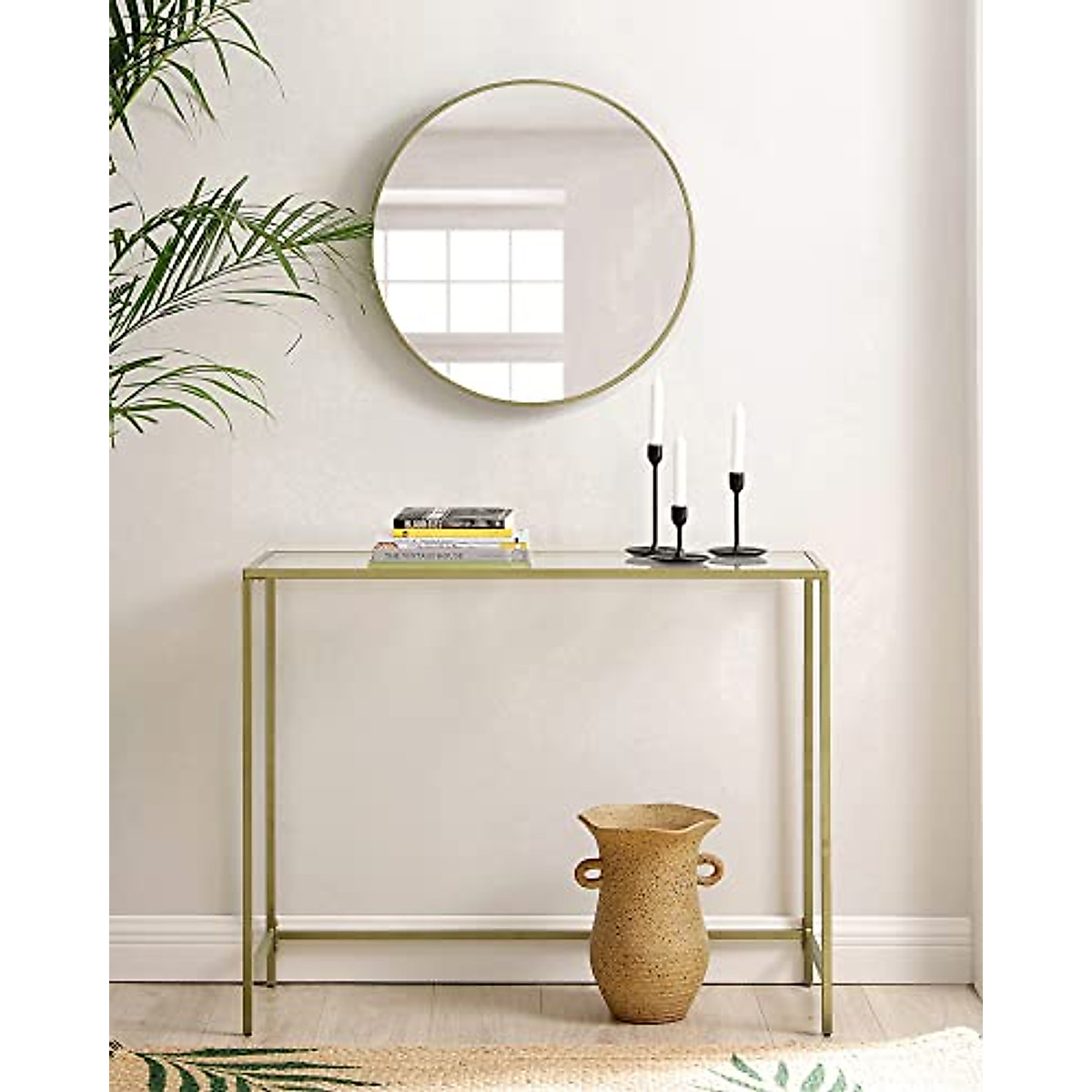 VASAGLE 39.4” Console Table, Tempered Glass Sofa Table, Modern Entryway Table, Metal Frame, Easy to Assemble, Adjustable Feet, for Living Room, Hallway, Gold Color ULGT26G