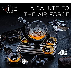 Father's Day Whiskey Decanter Set with 4 Liquor Glasses Air Force Whisky Decanter & Glass Set with Wood Base & 9 Whiskey Stones - US Airforce Gifts for Men - Globe Bourbon & Scotch Gifts for Dad
