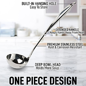 Zulay Kitchen Stainless Steel 13" Soup Ladle - Comfort Grid Steel Ladle with Long Handle and Ample Bowl Capacity Perfect for Stirring, Serving Soups and More - Heavy-Duty Metal Ladle
