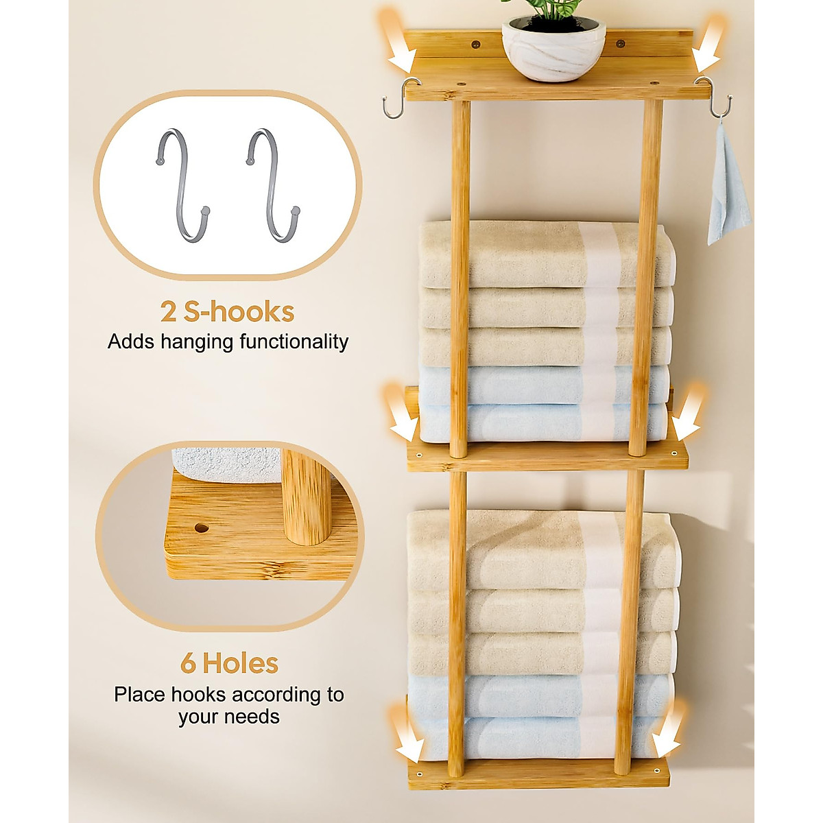 Cozivolife Towel Rack Bamboo for Bathroom, 3 Tier 32.7 inch with 2 Hooks and Shelf Wall Mounted Towel Storage Organizer Shelf, Large Capacity Towel Holder (Natural)