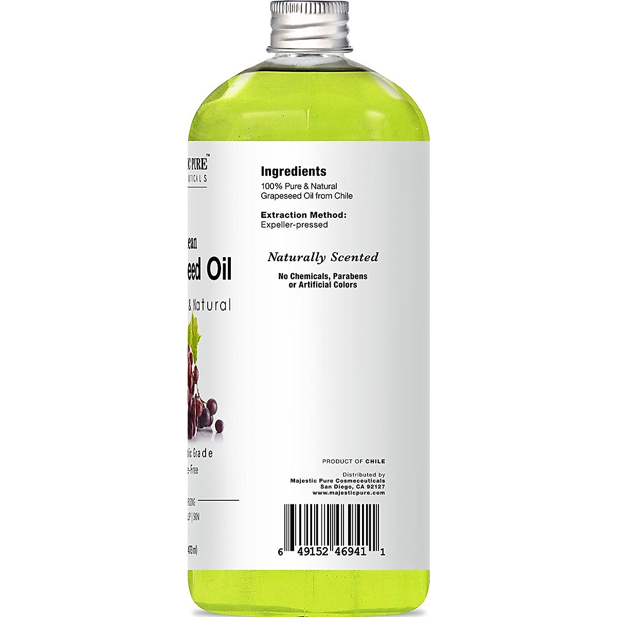 Majestic Pure Grapeseed Oil, Pure & Natural Massage and Carrier Oil, Skin Care for Sensitive Skin, Light Silky Moisturizer for All Skin Types - 16 fl. oz.