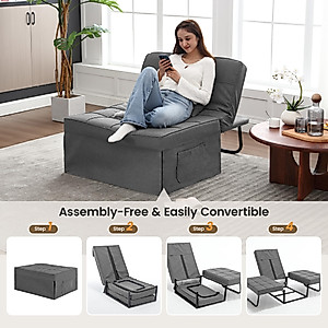 YOUDENOVA Sofa Bed, 4 in 1 Multi-Function Convertible Ottoman Chair Bed, Modern Breathable Linen Folding Couch Bed with Adjustable Backrest for Living Room Apartment Office, Light Grey