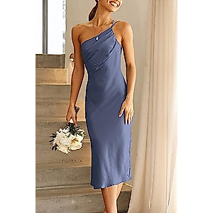 PRETTYGARDEN Women's Midi Satin Dress One Shoulder Spaghetti Strap Backless Ruched Summer Bodycon Dresses (Dark Grey Blue,Small)