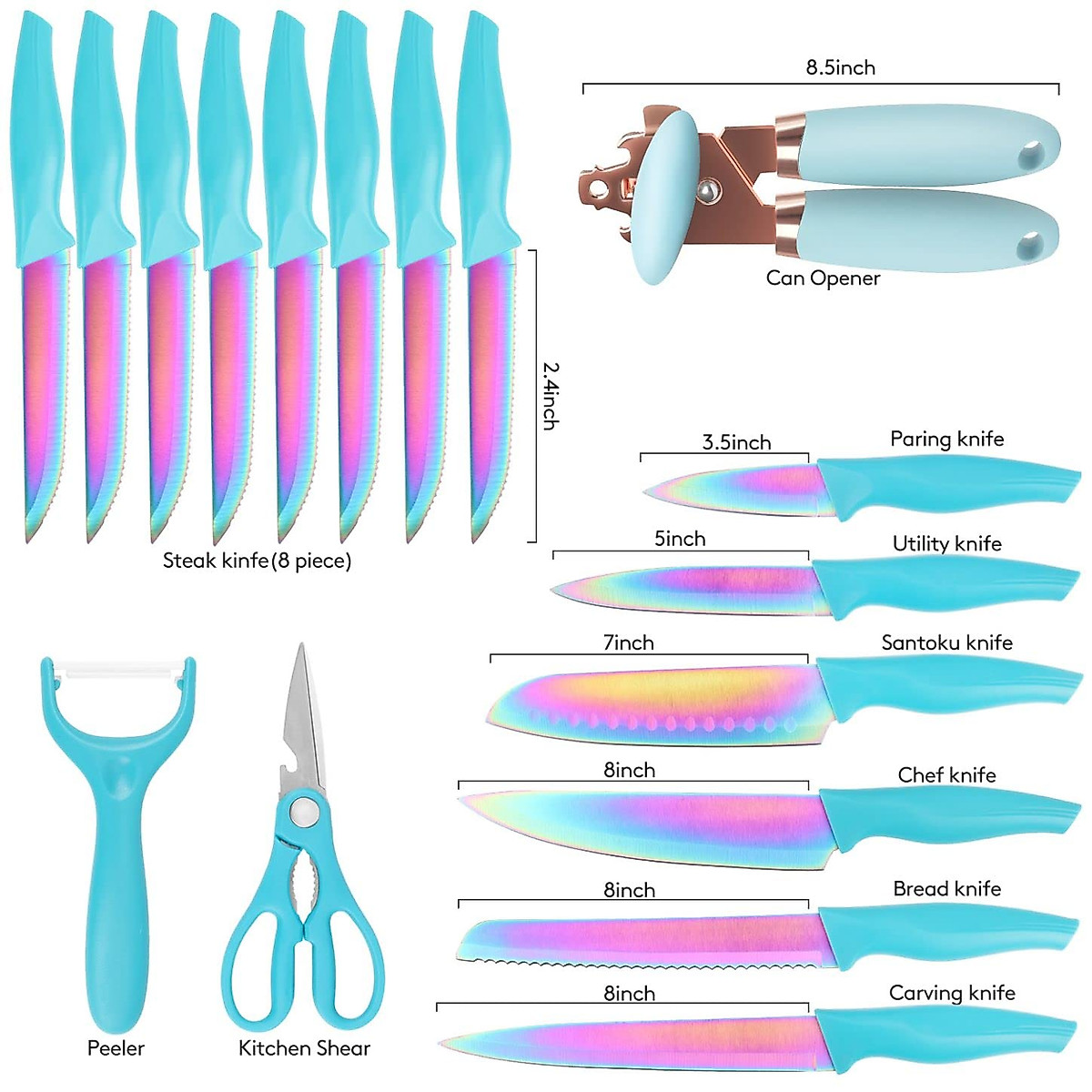 Knife Set, 18-Piece Rainbow Titanium Coating Cutlery Knives Block Set 14pcs Rainbow Titanium Stainless Steel Chef Knives, can opener , Acrylic Block Stand, Sharp Scissors and Peeler (Teal)
