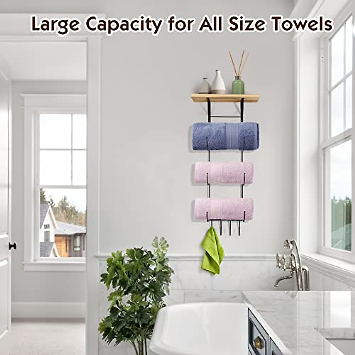 TJ.MOREE Towel Rack Wall Mount for Bathroom Storage, 3 Sectional Metal Bath Towel Rack with 4 hooks for Small Bathroom Organization