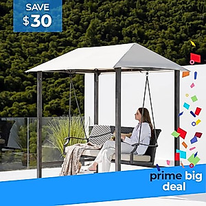 Grand Patio Outdoor Porch Swing 3-Seat with Canopy, Removable Olefin Cushion for Garden, Backyard, Poolside, Weather Resistant Woodgrain Finish Steel, Beige