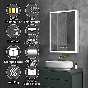 ExBrite Lighted Medicine Cabinet 24 x 32 Inch,Recessed or Surface led Medicine Cabinet, Clock&Room Temp Display,Defog,Dimming,Medicine Cabinet with Lights 3-Color Temper Chang,Hinge on The Left
