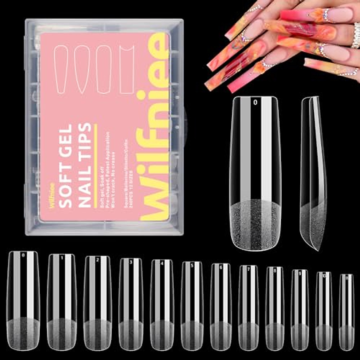 Wilfniee Soft Gel x Square Nail Tips, 240PCS Clear Ballerina Nail Tips for Acrylic Nail Tips Professional, Pre Shaped Full Cover Press on Nail Tips for Nail Polish Dip Powder, Nail Salons Home DIY